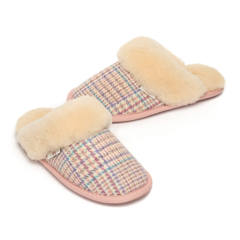 Kate - Harris Tweed Mule Slipper - Natural POW Check – Bedroom Athletics
