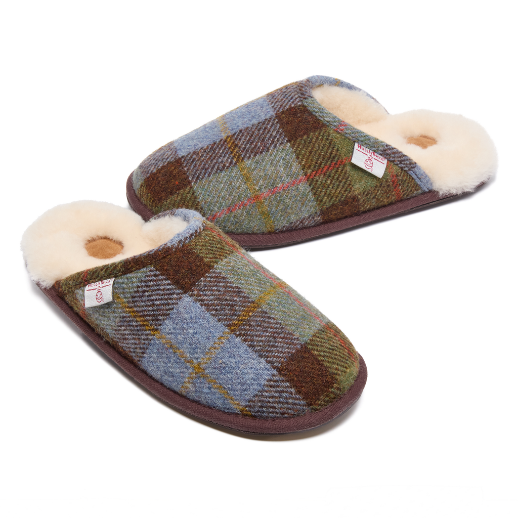 William - Harris Tweed Mule - Chocolate / Green Check – Bedroom Athletics