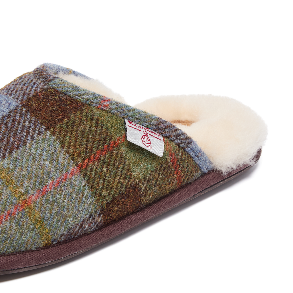 William - Harris Tweed Mule - Chocolate / Green Check – Bedroom Athletics