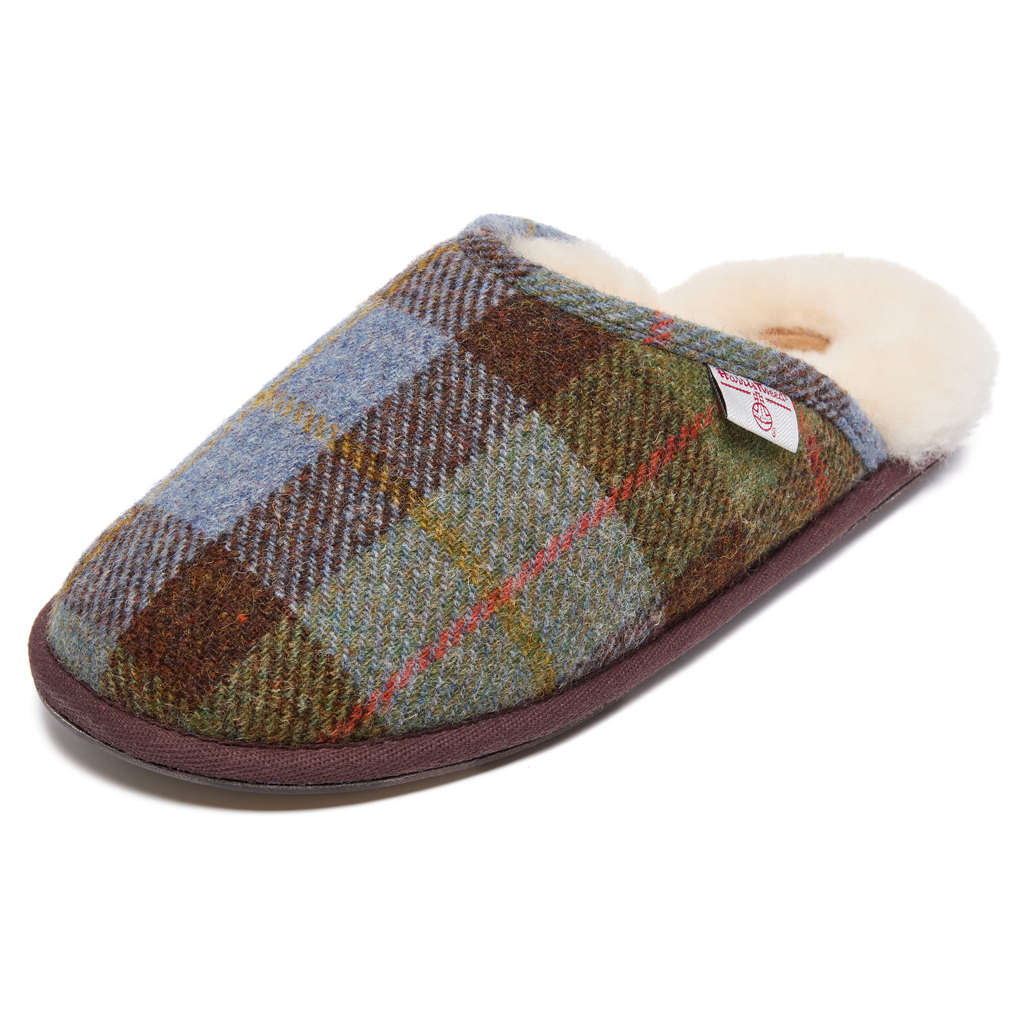 William - Harris Tweed Mule - Chocolate / Green Check – Bedroom Athletics